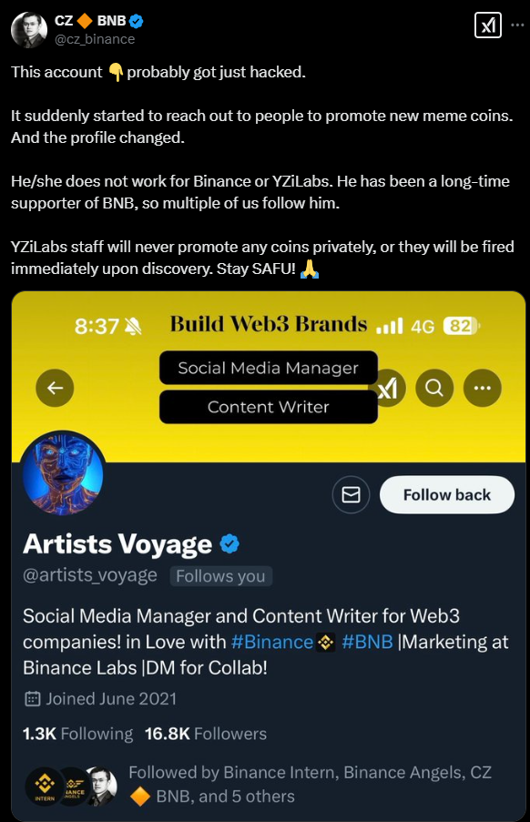 CZ warns of hacked X account promoting meme coins - CoinNess