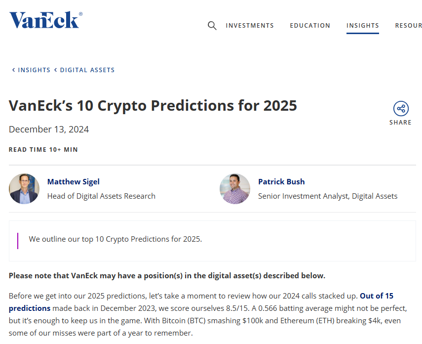 VanEck shares top 10 crypto predictions for 2025 - CoinNess