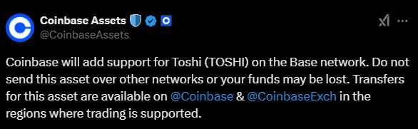 Coinbase adding support for TOSHI on Base network - CoinNess