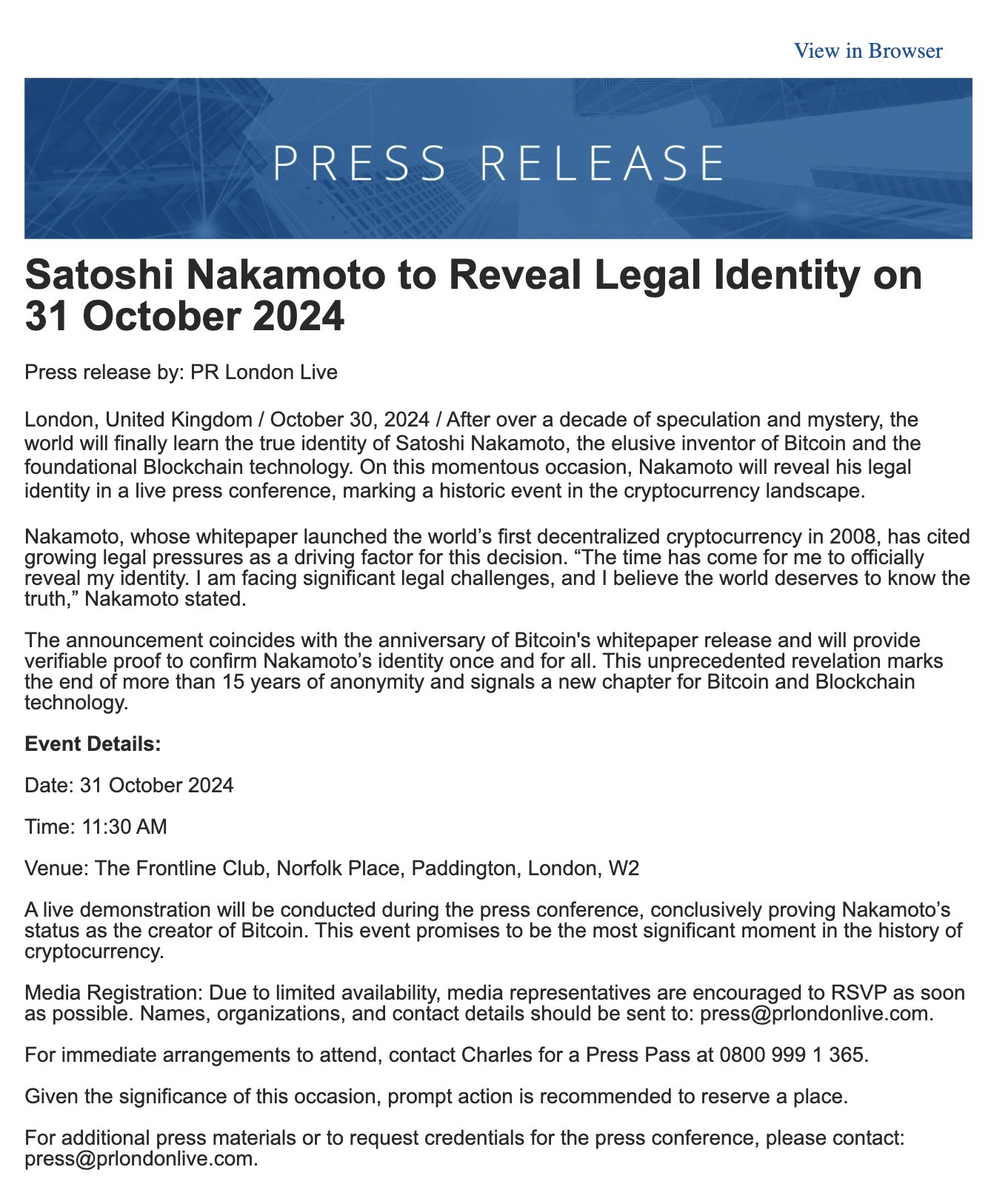 BTC 창시자 사칭 영국 사업가, '사토시 등장' 주장 행사 개최 - 코인니스