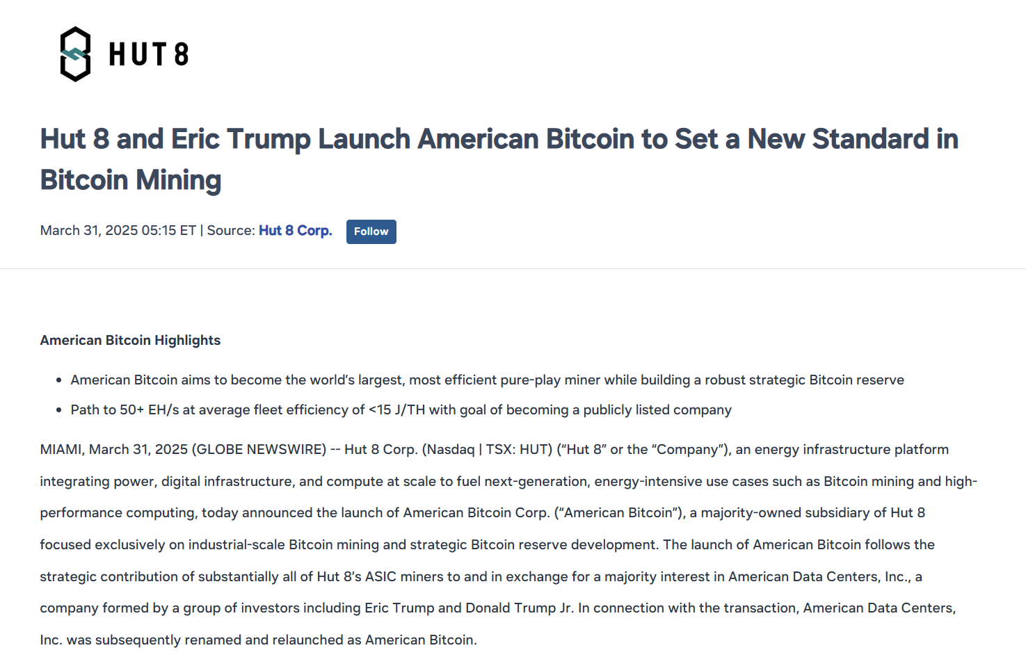 BTC 채굴업체 Hut8, 에릭 트럼프와 '아메리칸 비트코인' 설립 발표 - 코인니스