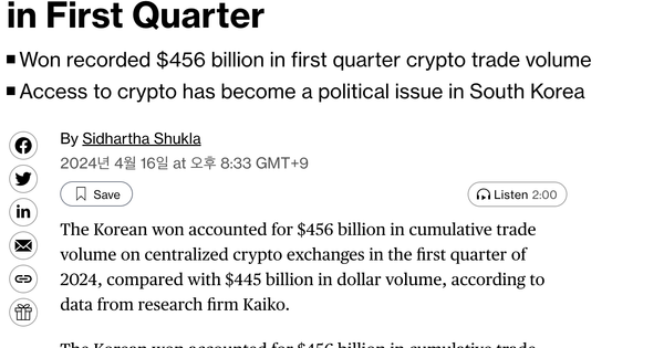 블룸버그 “韓 원화, 달러 제치고 올 1Q 암호화폐 거래량 1위” - 코인니스