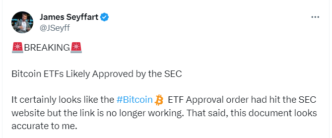 블룸버그 애널리스트 "SEC, BTC 현물 ETF 승인한 듯... 명령 서류 삭제됐지만 정확해 보여" - 코인니스