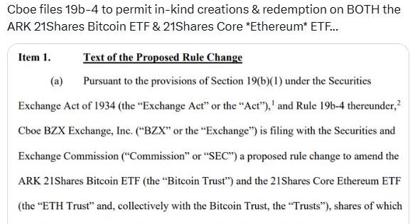 美 CBOE BZX, BTC 및 ETH ETF 관련 19b-4 제출 - 코인니스
