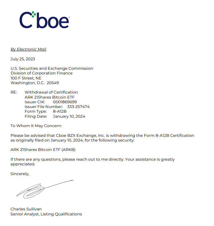 美 CBOE, 아크-21쉐어스 등 BTC 현물 ETF 관련 상장 신고서 철회 - 코인니스
