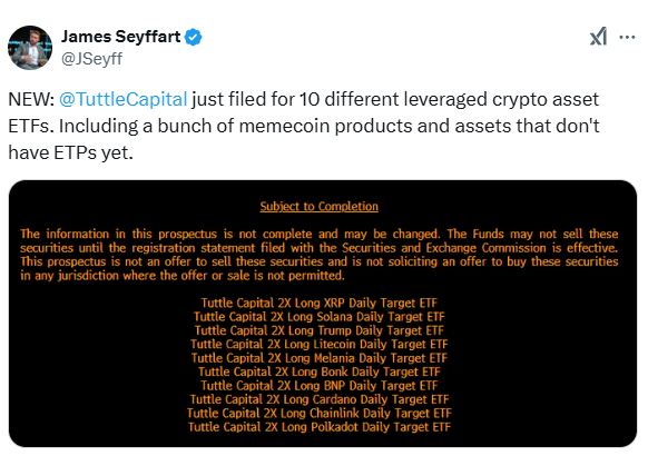 인용 모아보기 | 터틀 캐피털, 10종 레버리지 암호화폐 ETF 신청... TRUMP 등 - 코인니스