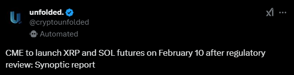 외신 "CME, 규제 검토 후 2/10 XRP·SOL 선물 출시 계획" - 코인니스