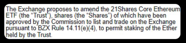 美 CBOE BZX, 21쉐어스 ETH ETF 스테이킹 허용 심사요청서 제출 - 코인니스