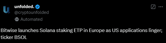 비트와이즈, 유럽 내 SOL 스테이킹 ETP 출시 - 코인니스