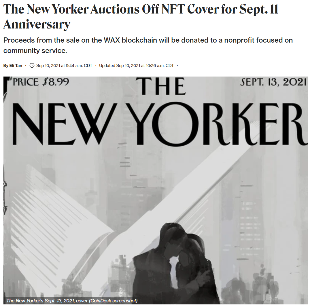 뉴요커, 911테러 20주년 추모 표지 NFT 경매 - 코인니스