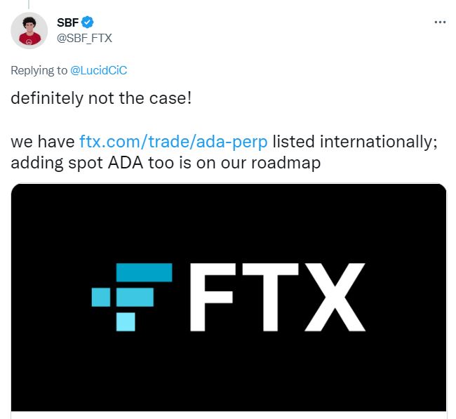 FTX CEO "ADA 현물 상장, 로드맵에 있다" - 코인니스