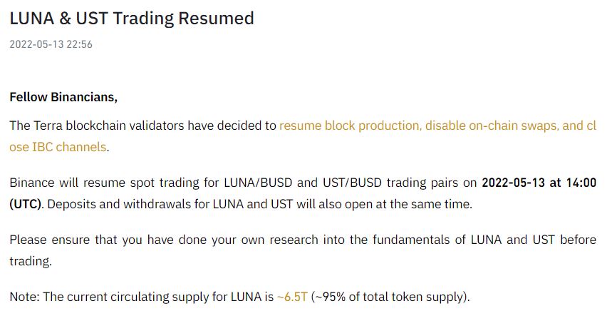 바이낸스, 오늘 23시 LUNA·UST 거래지원 재개 - 코인니스