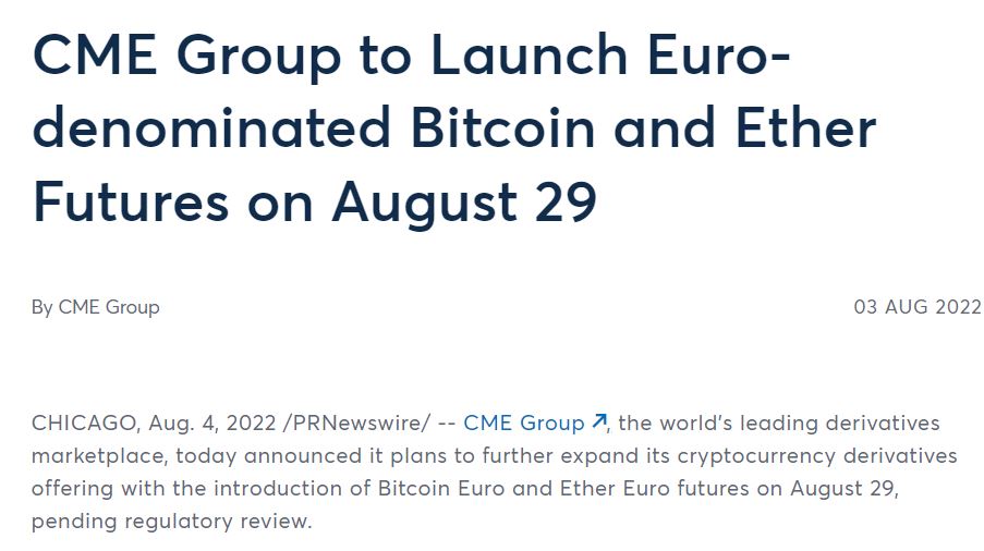 인용 모아보기 | CME 그룹, 8/29 유로화 표시 BTC·ETH 선물 출시 - 코인니스