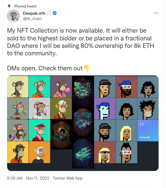 NFT 고래 '디팍', 보유 NFT 중 일부 판매 예고..."FTX에 자산 묶여" - 코인니스