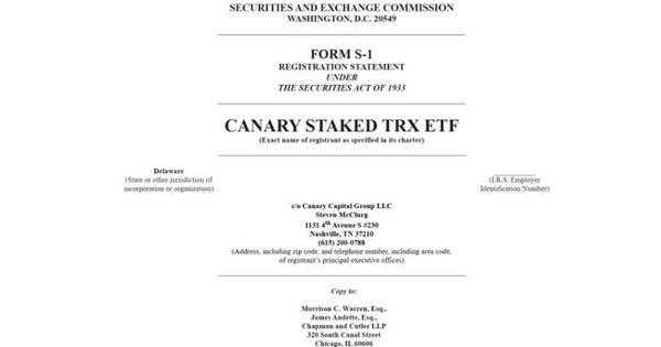 커네리캐피털그룹, 美 SEC에 TRX ETF 출시 승인 신청 - 코인니스